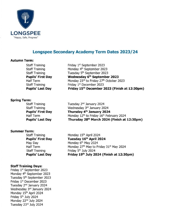 Longspee Academy - Term Dates
